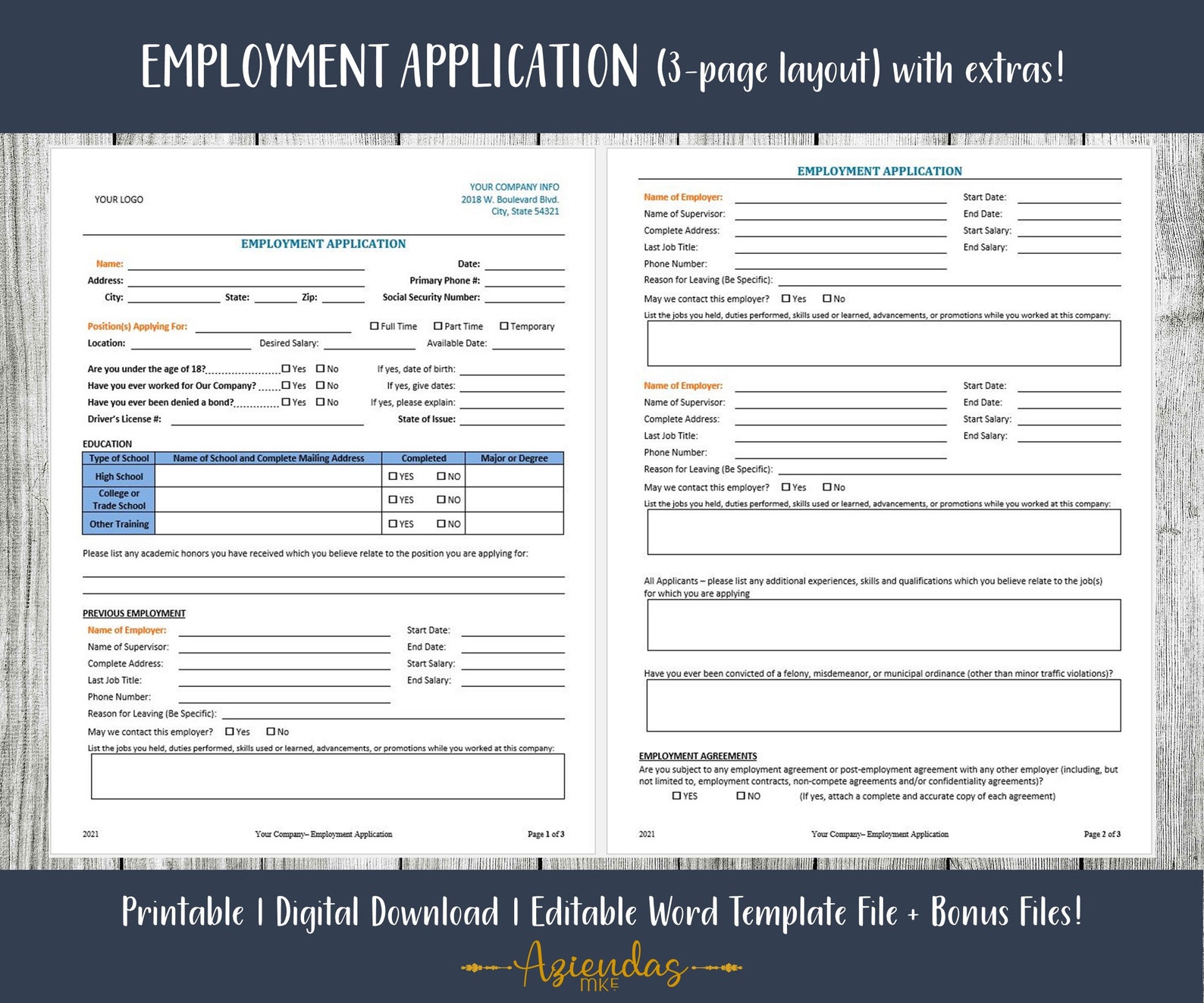 Employment Application 3-page Layout Editable Word | Etsy