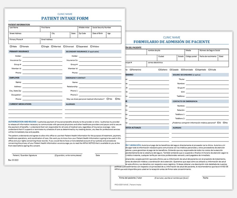Patient Intake Form Template: Clinic Healthcare (PDF & Word) - Etsy
