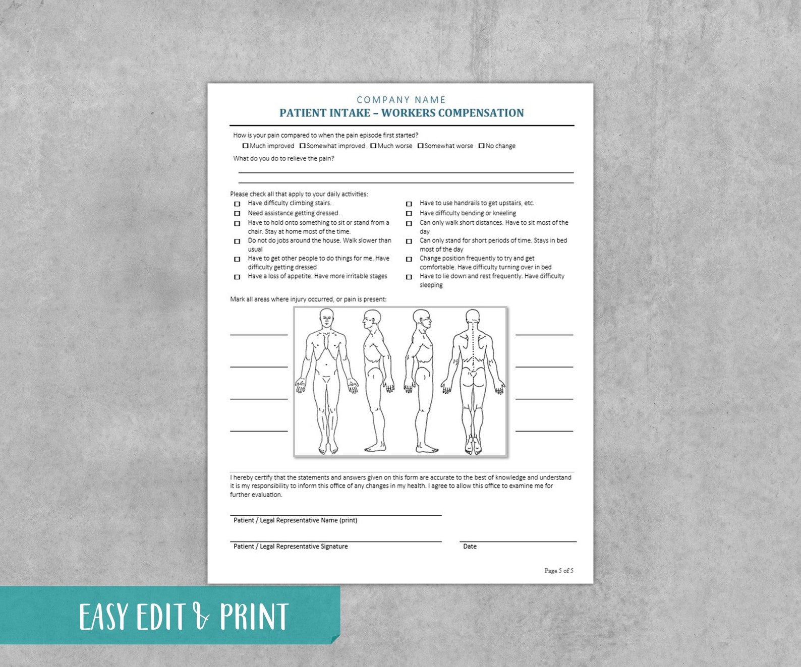Workers Comp Patient Intake Forms: Medical Claim (digital Download) - Etsy
