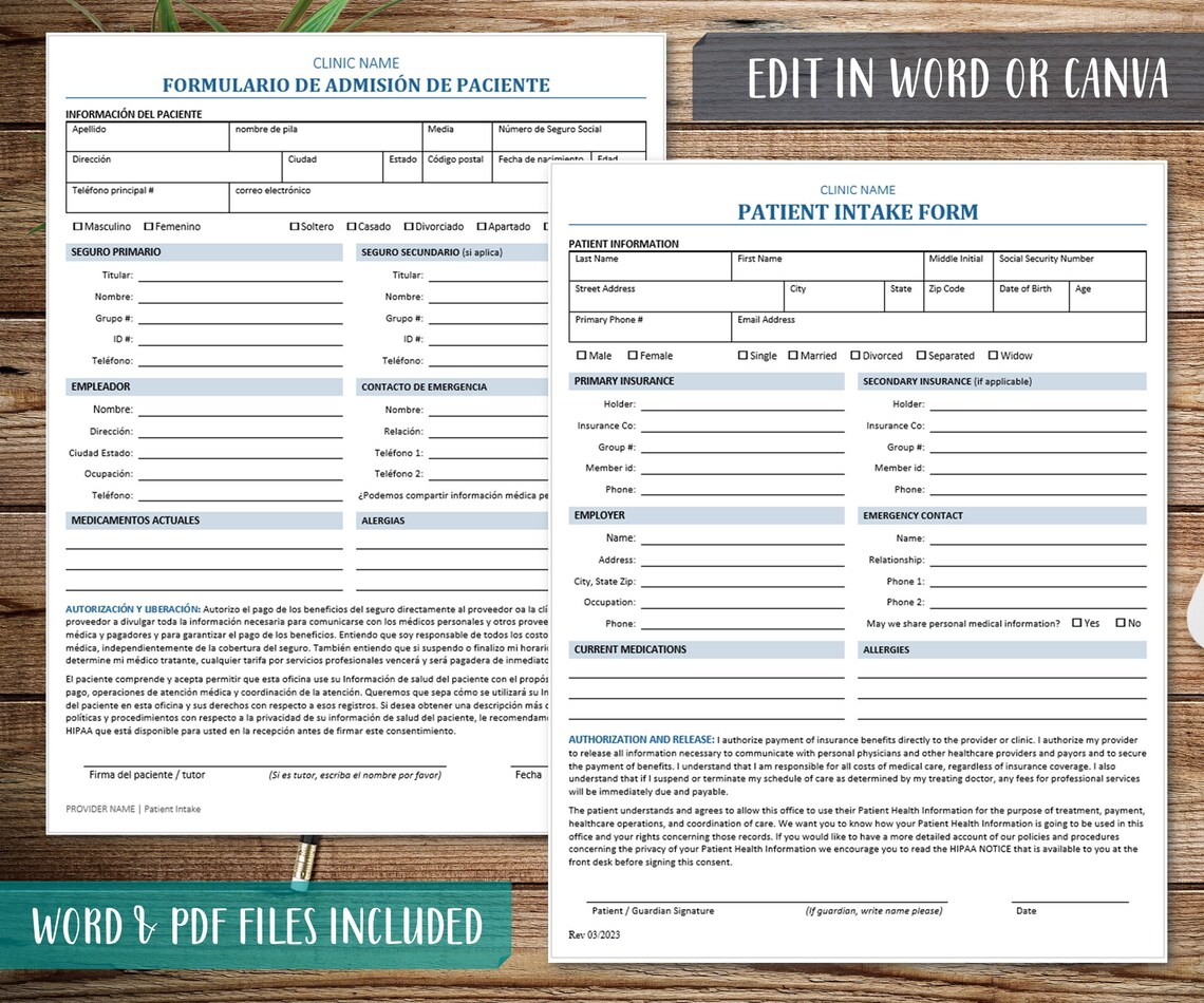 Medical Intake & Patient Information Template Bundle | English ...