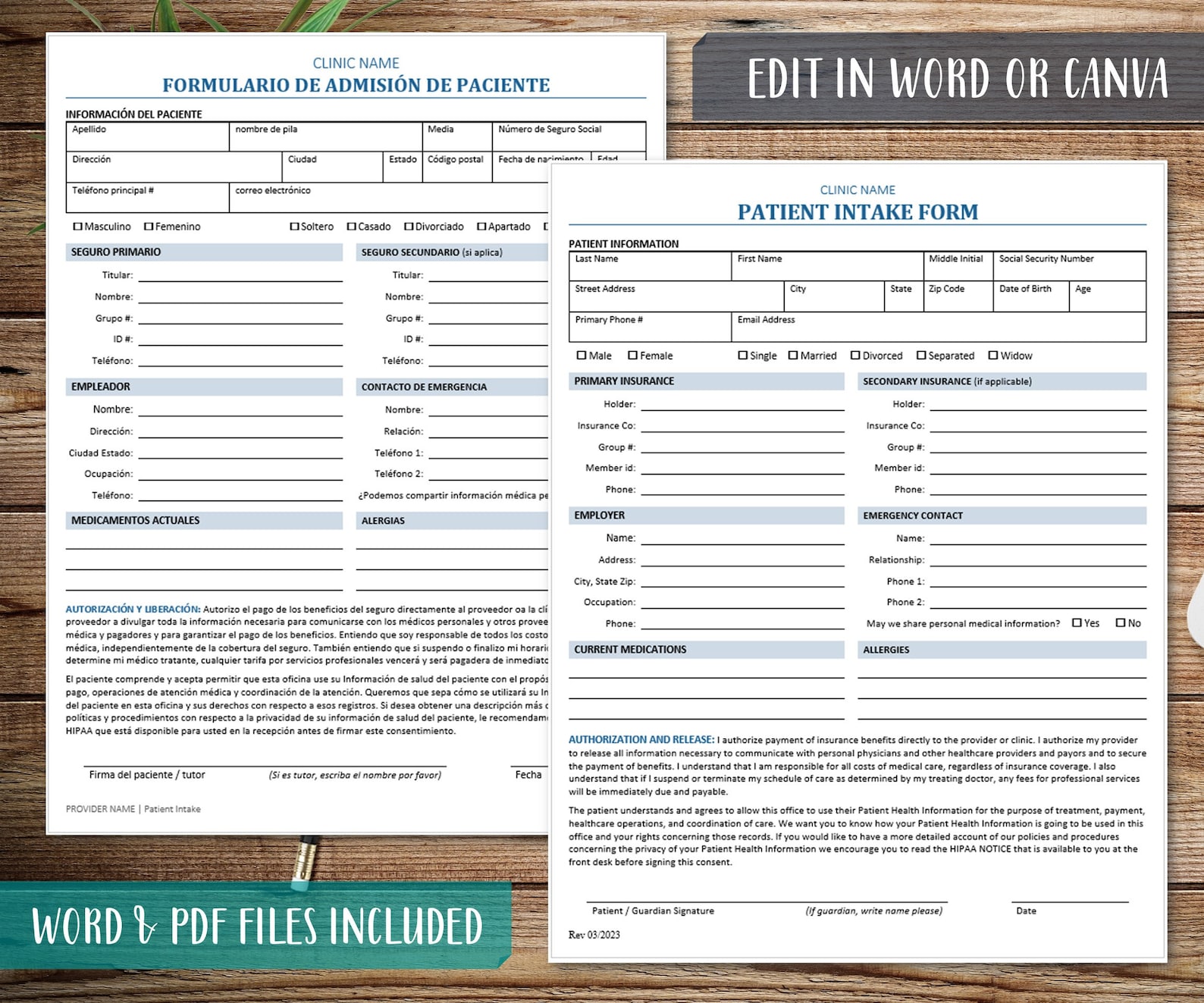 Medical Intake & Patient Information Template Bundle | English ...