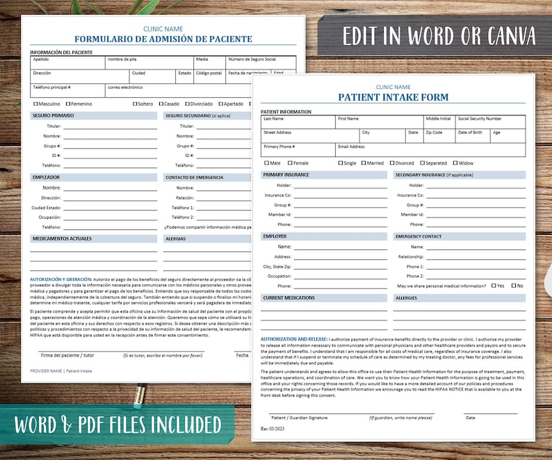 Medical Intake & Patient Information Template Bundle | English ...