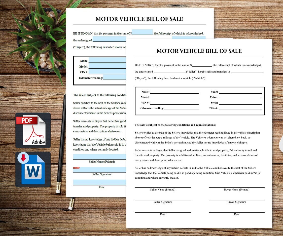 Motor Vehicle Bill of Sale, Printable Form Templates Bundle | Auto Car ...