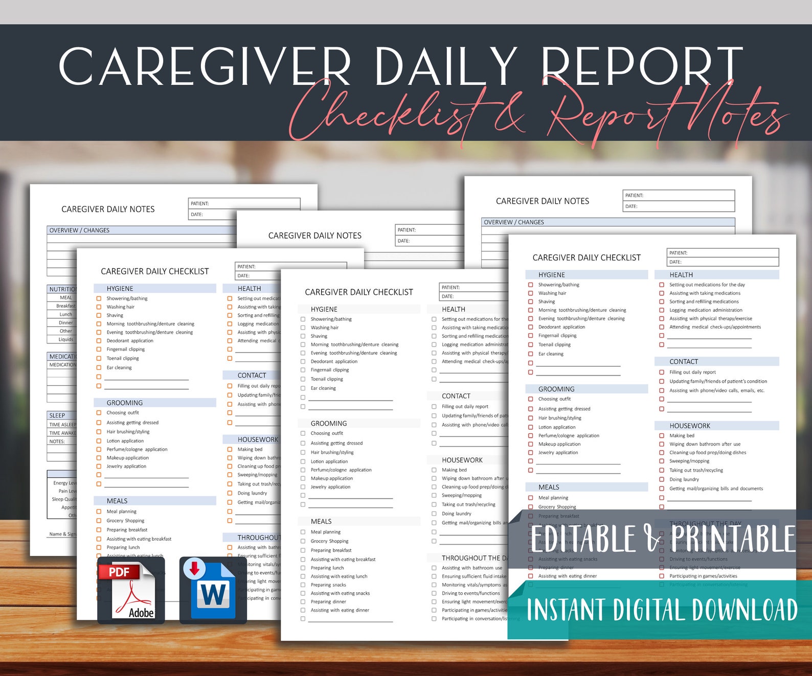 Caregiver Daily Task List & Note Page for Monitoring Patient Health ...