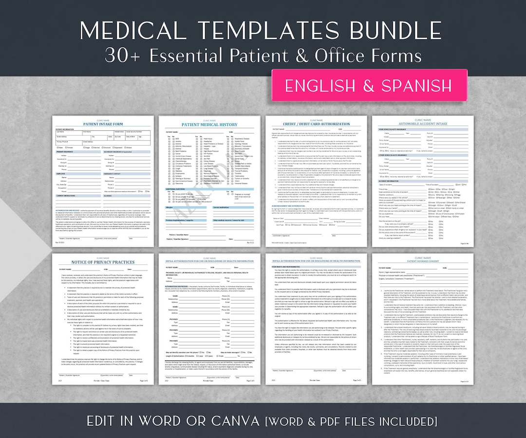 Medical Patient Intake Bundle | 30+ Form Templates | English, Spanish ...
