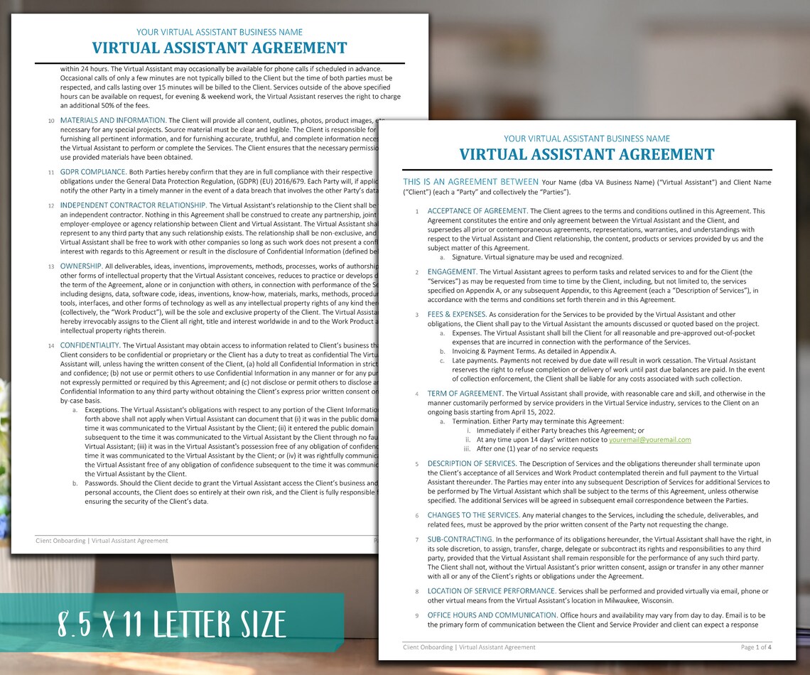 Virtual Assistant Agreement Template Client Onboarding - Etsy