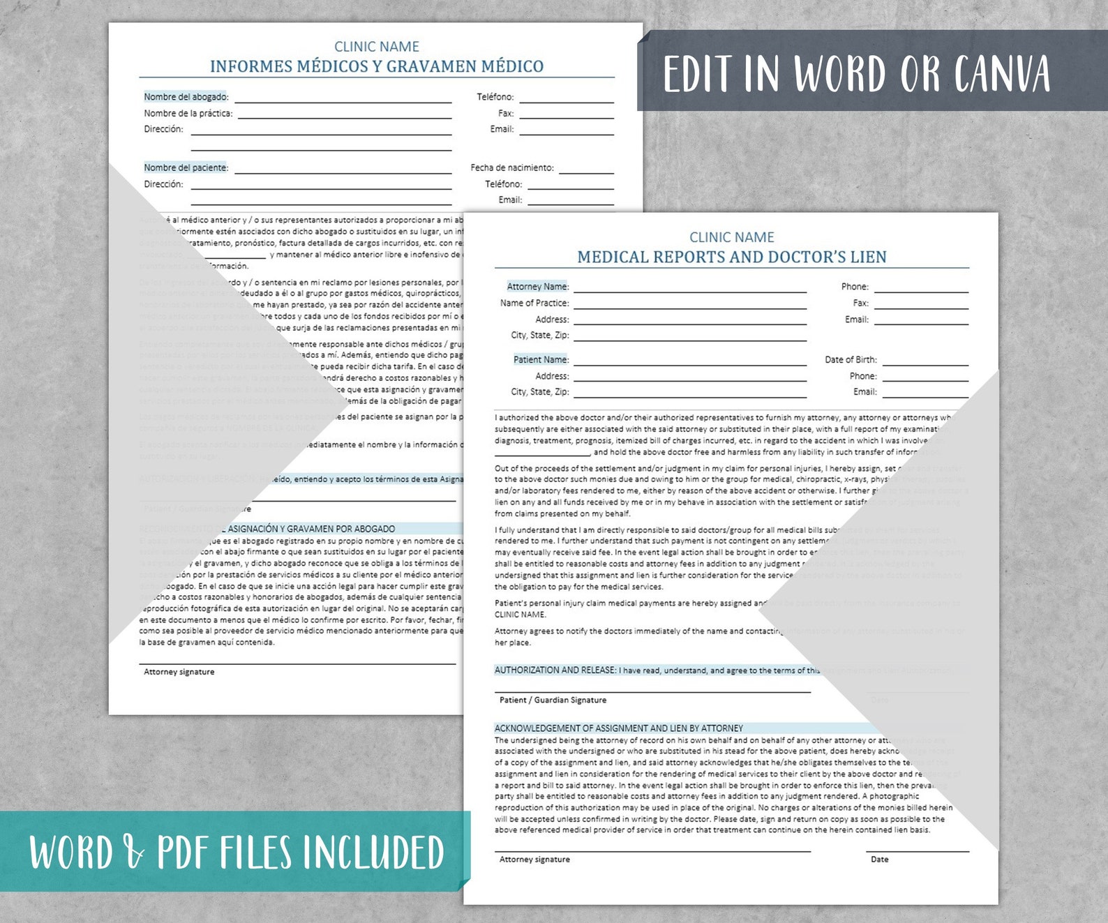 Medical Assignment, Lien, Authorization Forms | English & Spanish ...