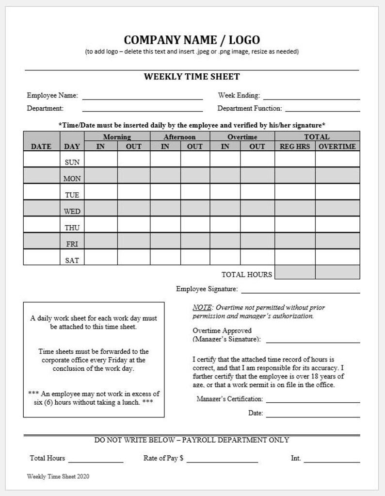 Employee Weekly Time Sheet Bundle: Editable HR Forms (digital Download ...