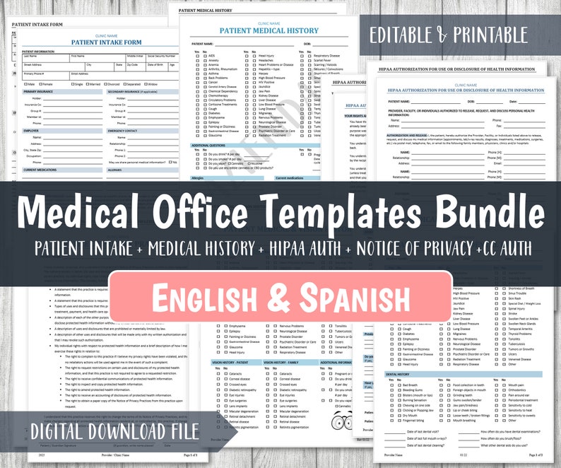 Medical Intake & Patient Information Template Bundle English - Etsy