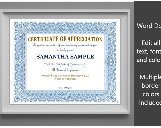 Certificate of Appreciation, Editable & Printable Template, 8.5x11 ...
