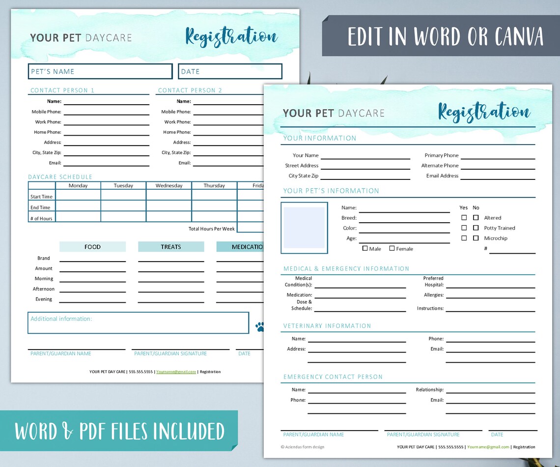 Dog Daycare Registration Forms: Pet Profile, Business Card (digital ...