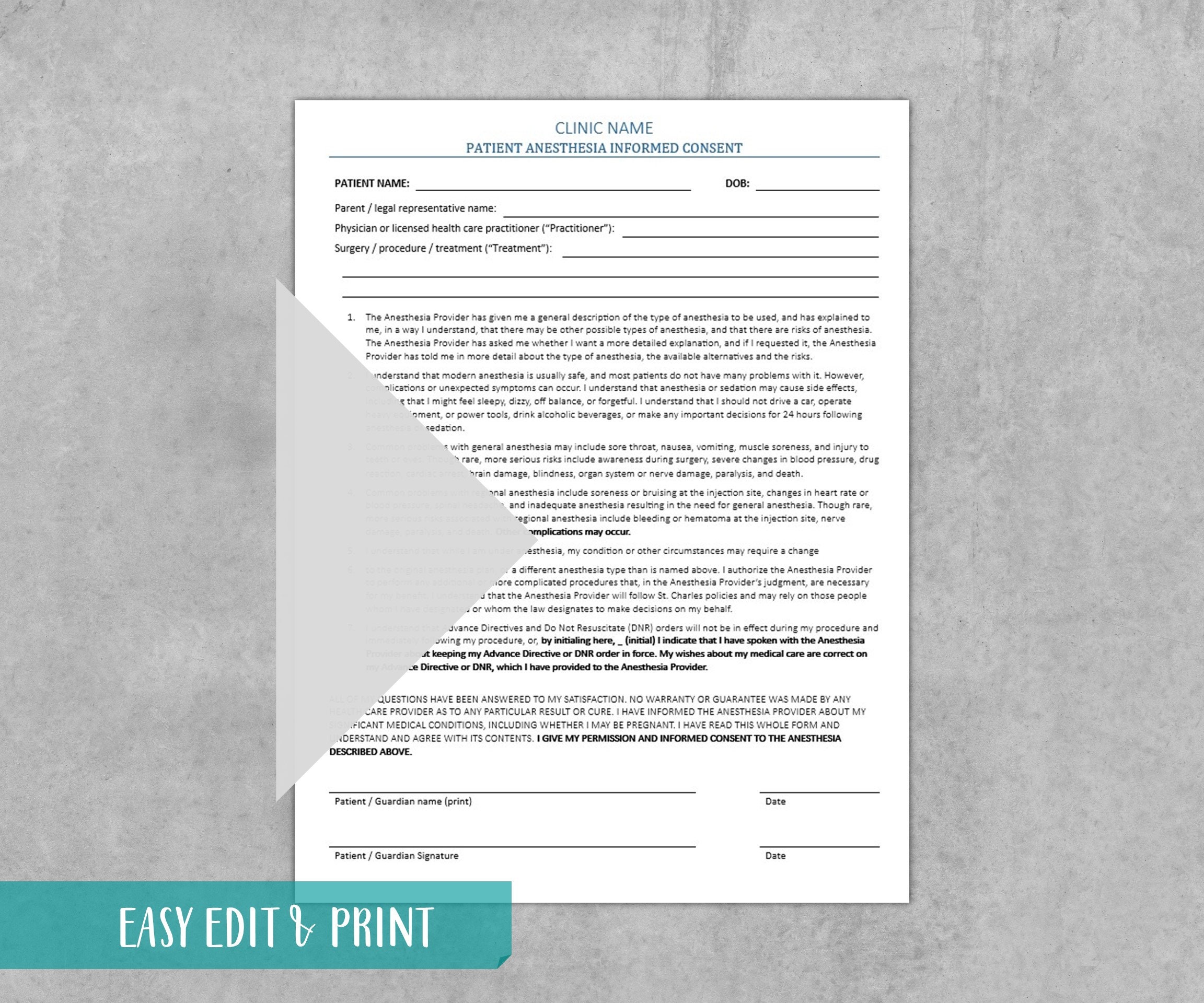 Informed Consent to Treat for Medical Procedures & Anesthesia | Patient ...