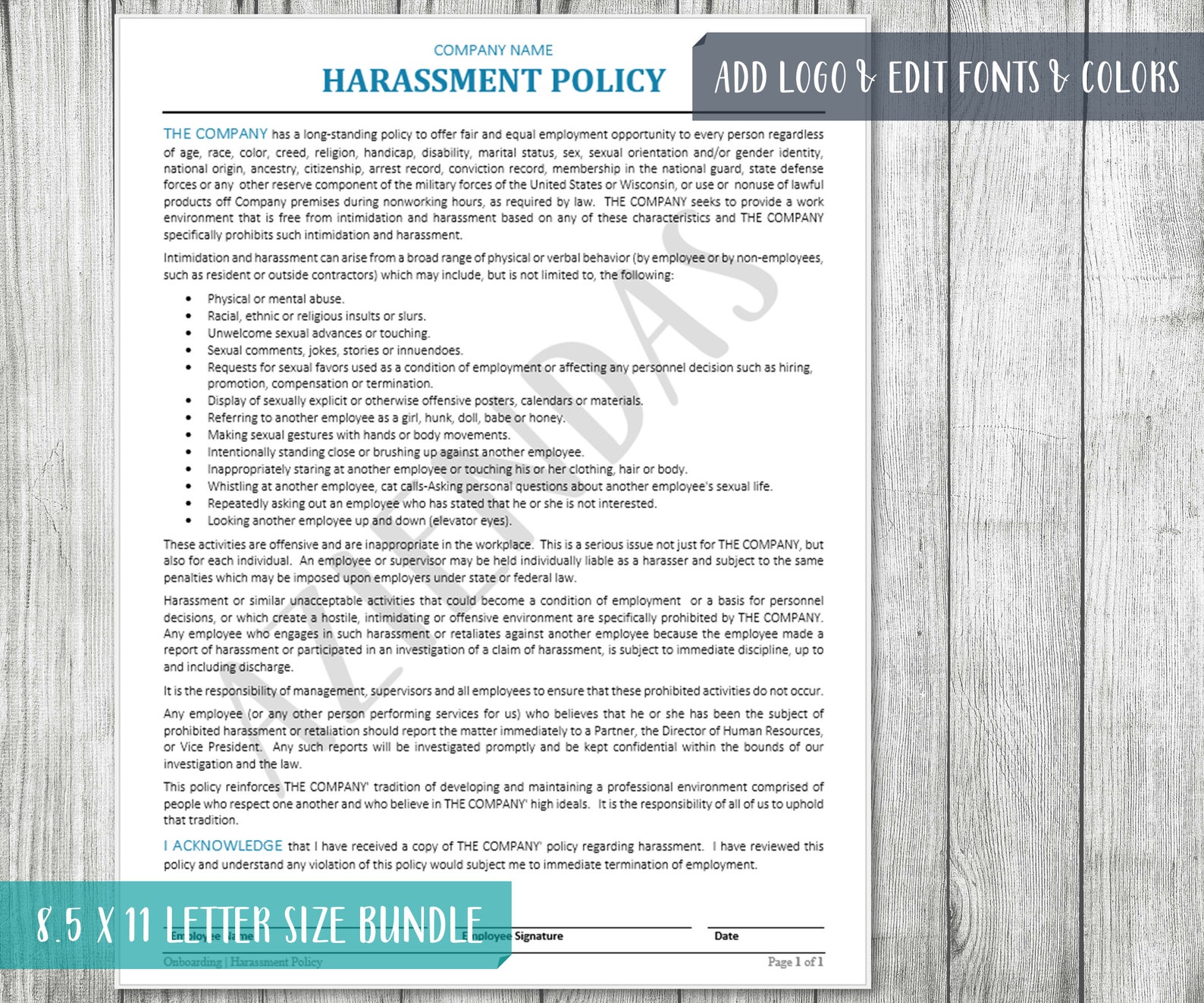 Employee Harassment Policy Template: Editable HR Document (digital ...