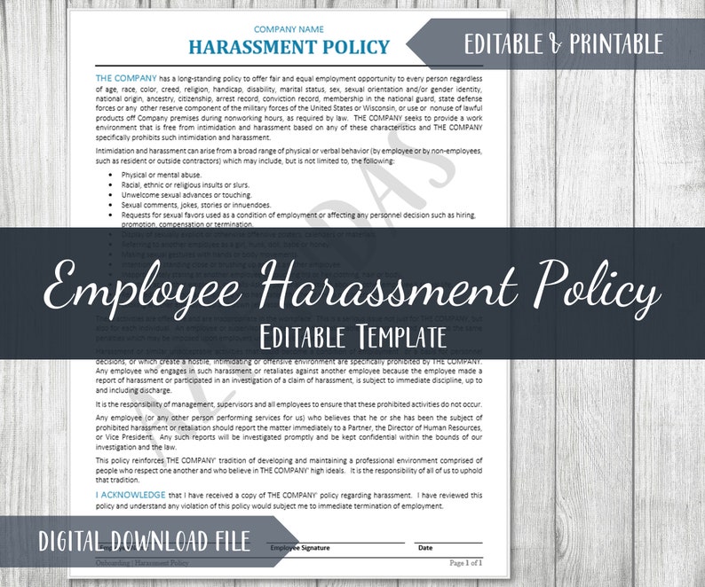 Employee Harassment Policy Template: Editable HR Document (digital ...