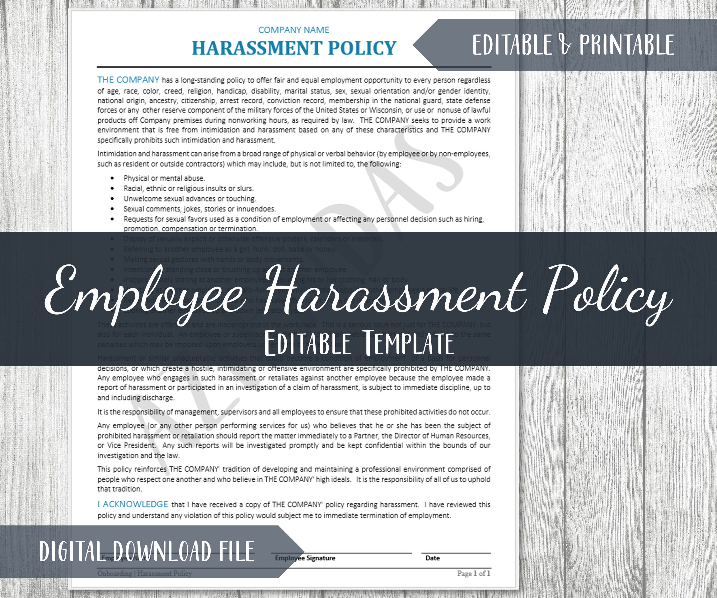 Employee Harassment Policy Template | HR Employment Policy Templates ...