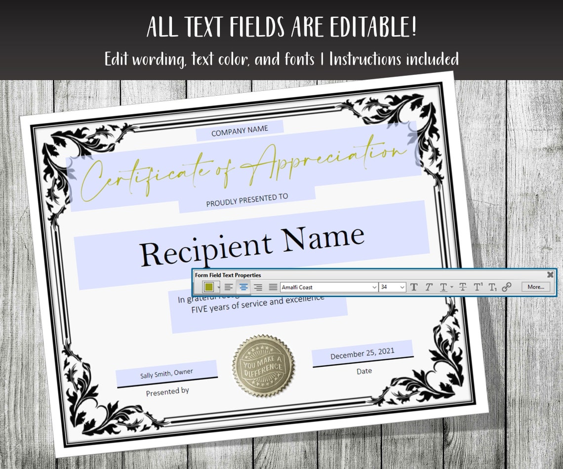 Certificate of Appreciation Fillable PDF File Editable & | Etsy UK