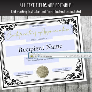 Certificate of Appreciation Fillable PDF File Editable & - Etsy