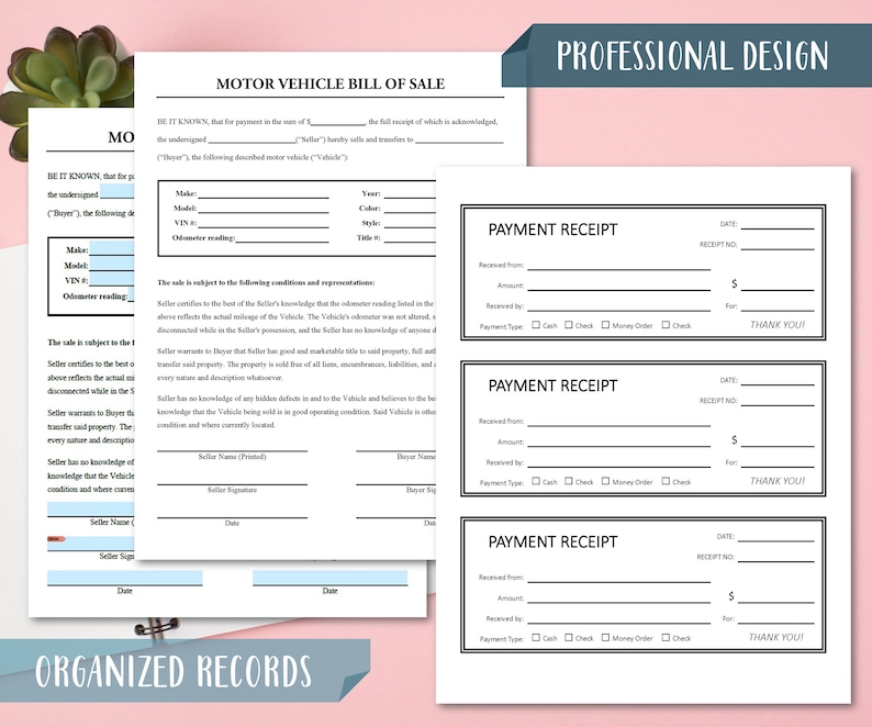 Vehicle Bill of Sale Printable Template With Payment Receipts ...