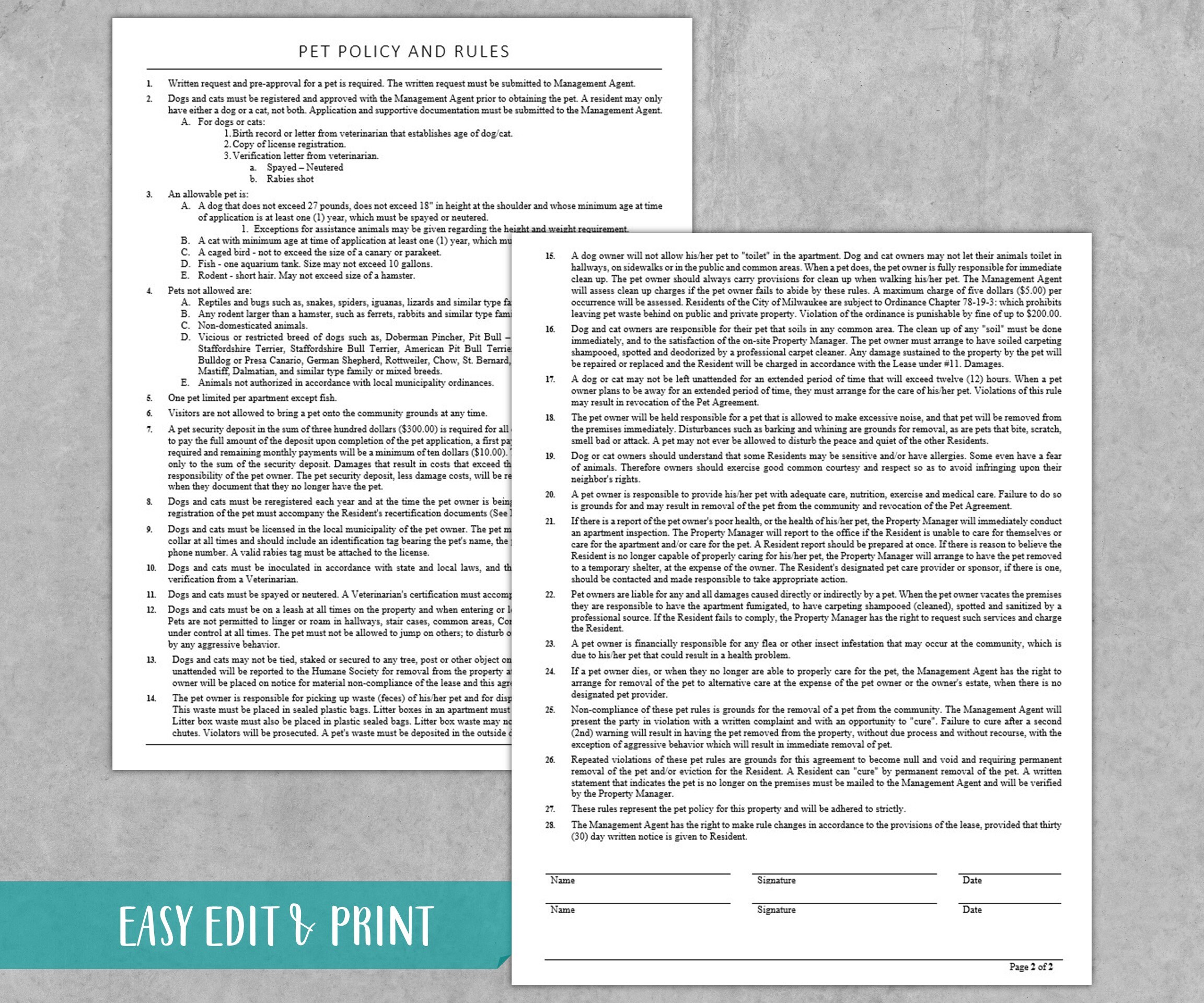 Pet Policy Template for Renters | Dogs, Cats, Animal Rules for Rental ...