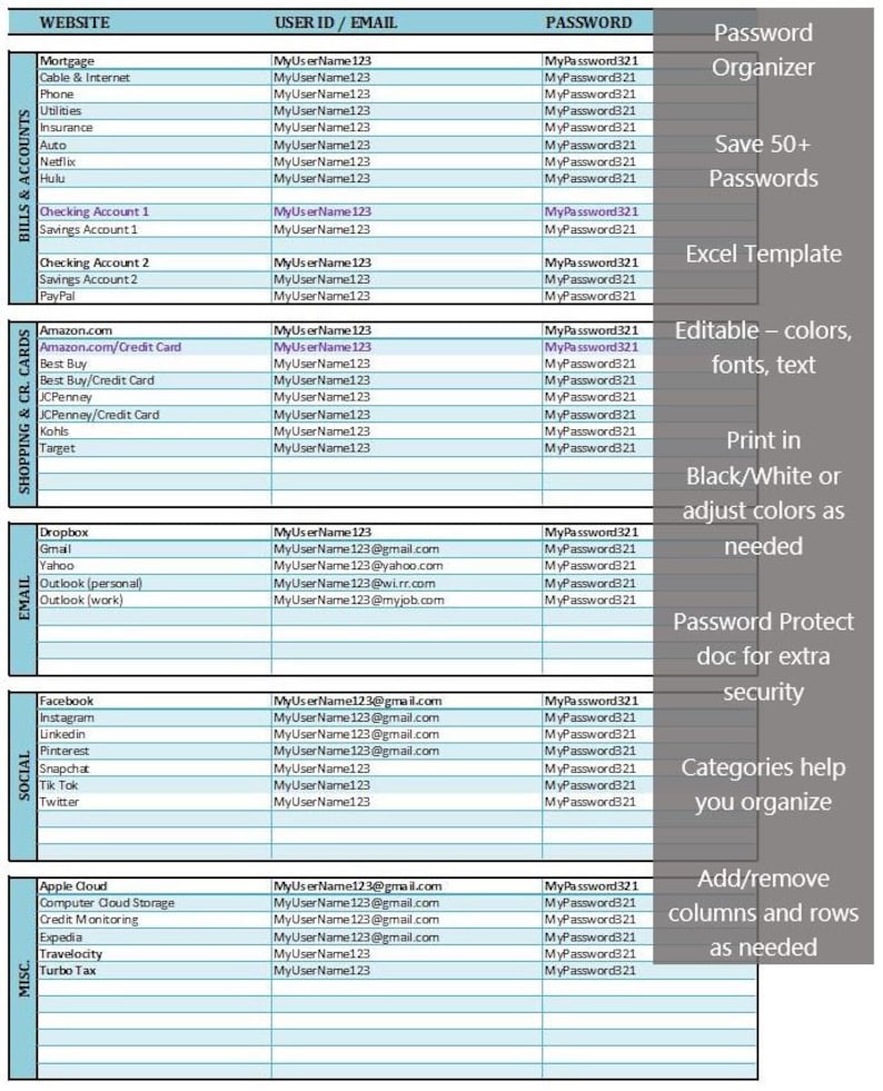 Excel Password Keeper: Printable Password Organizer (digital Download ...