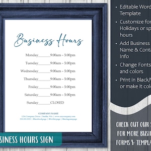 Editable Business Hours Sign Template: Storefront Hours (WORD Instant ...