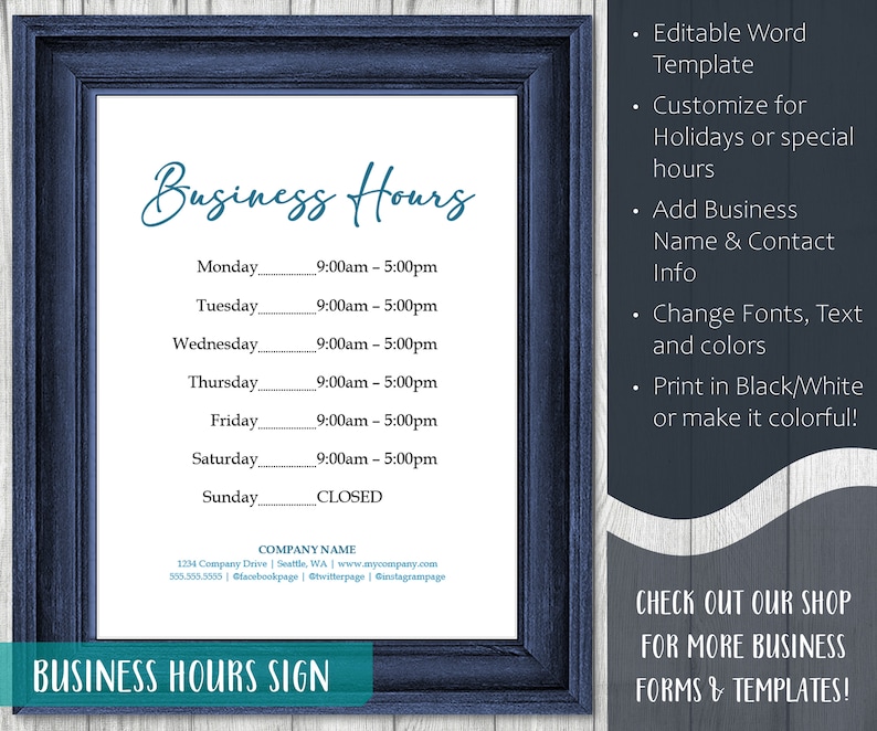 Editable Business Hours Sign Template: Storefront Hours (WORD Instant ...