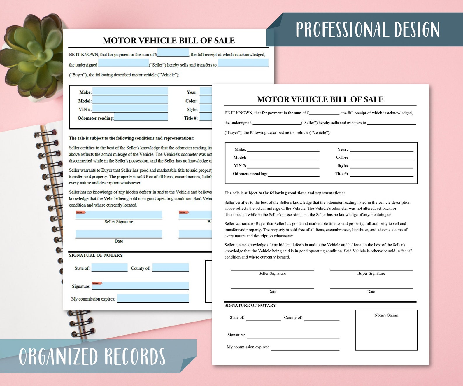 Motor Vehicle Bill of Sale, Printable Form Templates Bundle | Auto Car ...