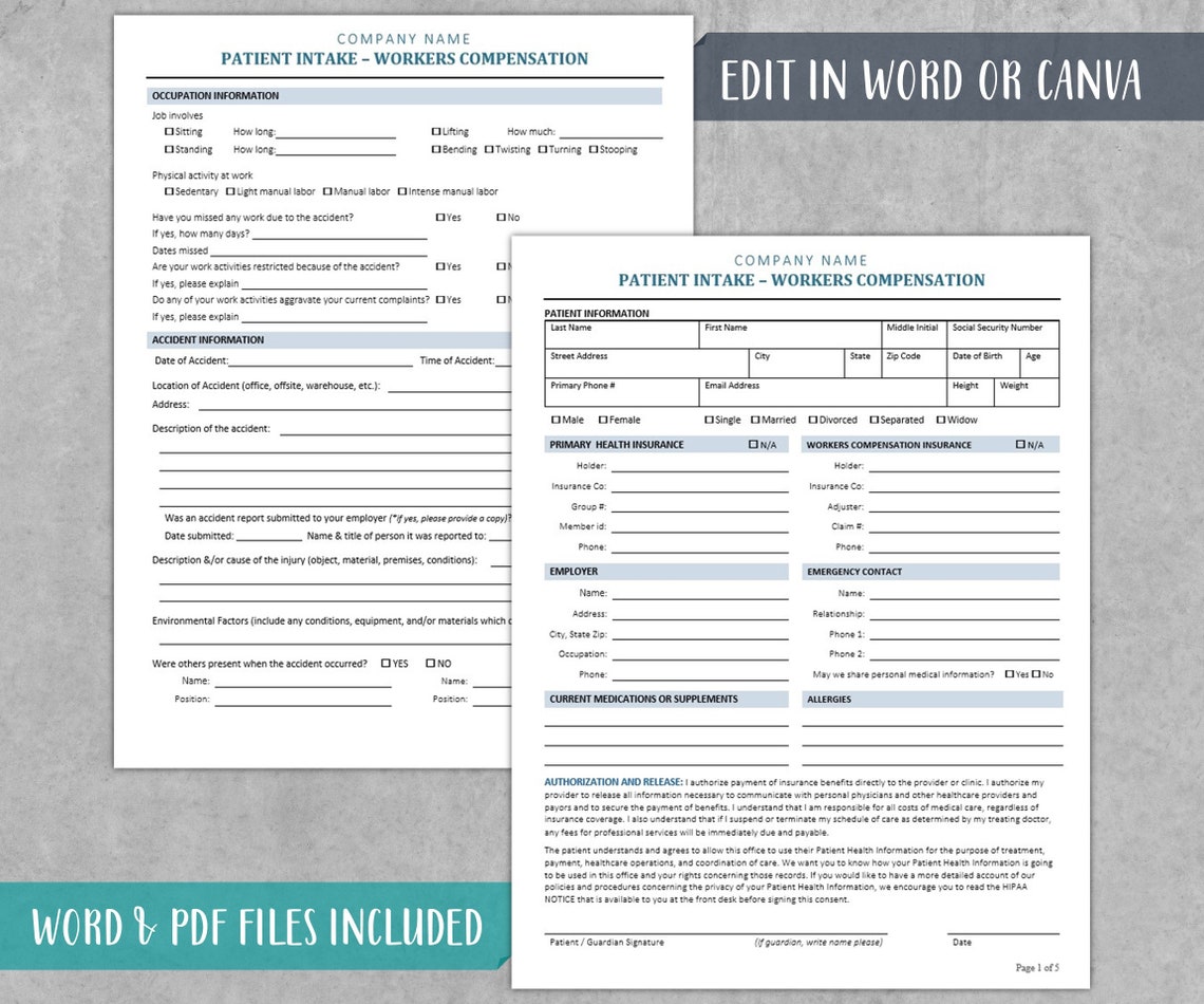 Workers Comp Patient Intake Forms: Medical Claim (digital Download) - Etsy