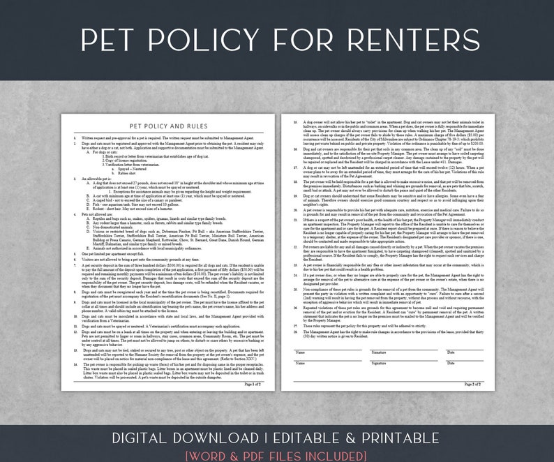 Pet Policy Template for Renters | Dogs, Cats, Animal Rules for Rental ...