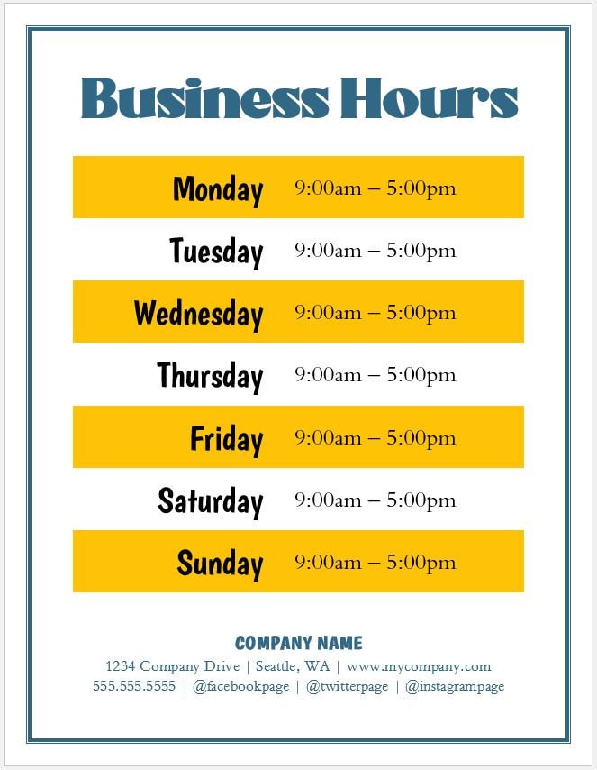 Business Hours Sign Printable Template Hours of Operation | Etsy