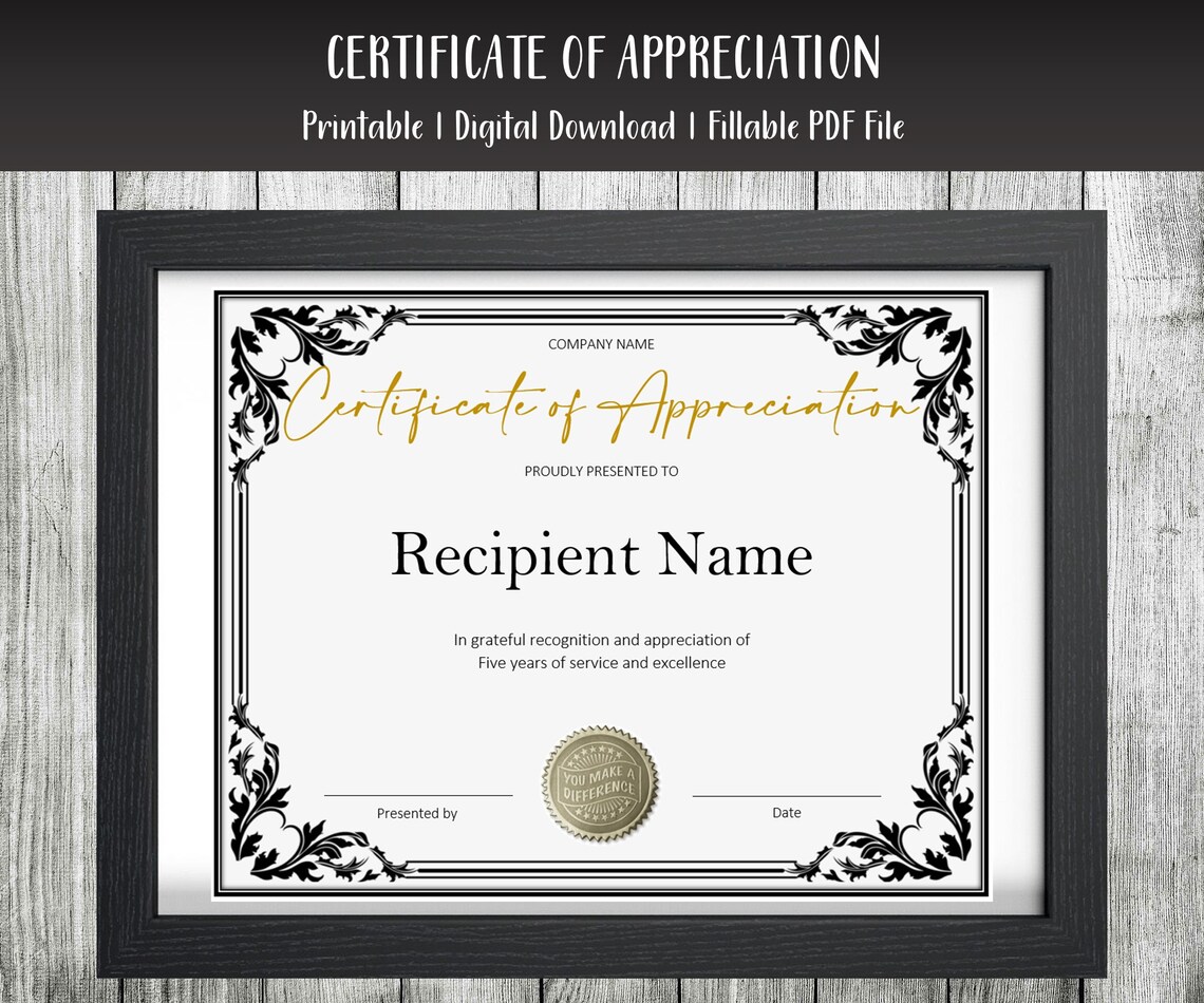 Certificate of Appreciation Fillable PDF File Editable & - Etsy UK