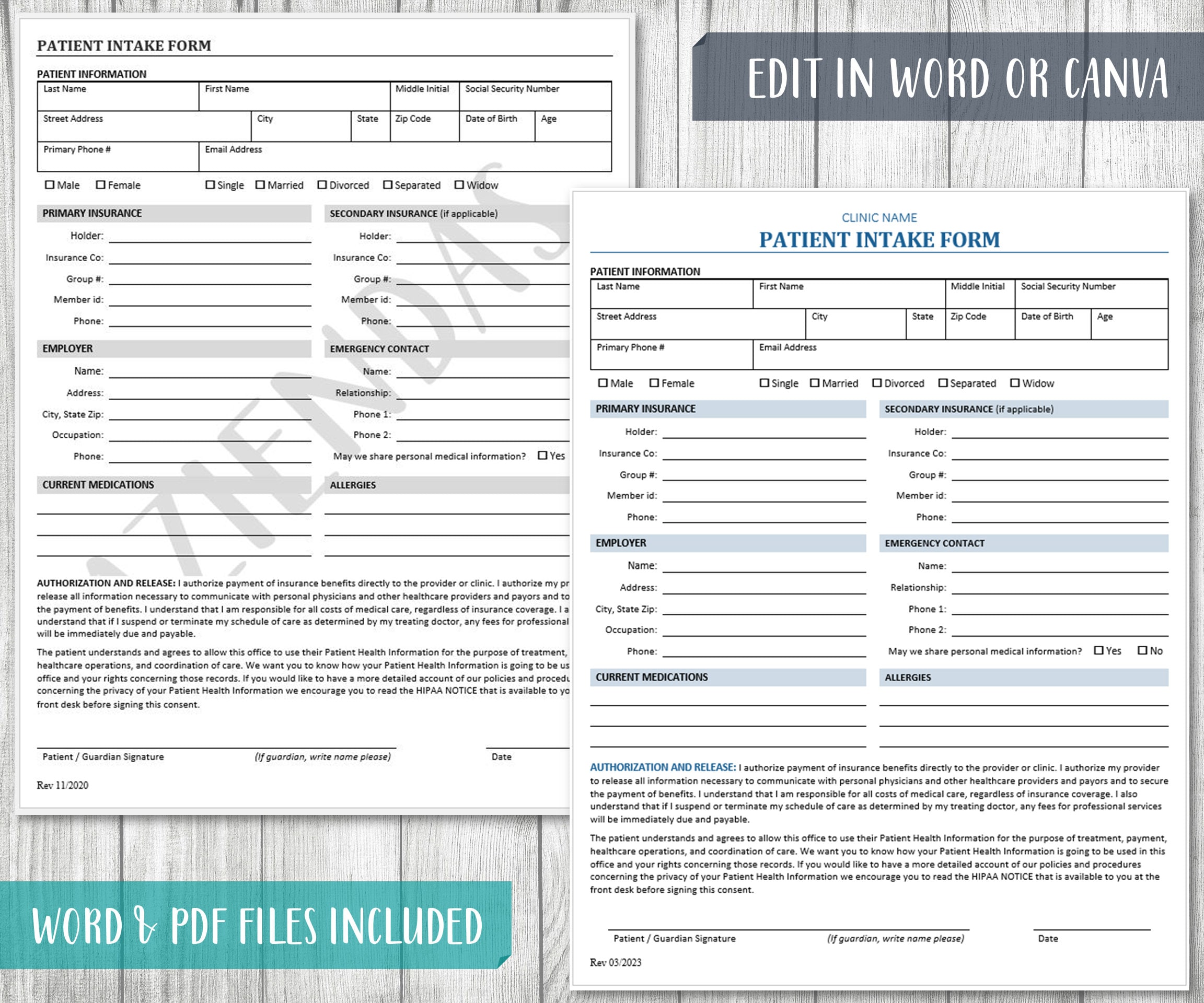 Patient Intake Form Template: Clinic Healthcare (PDF & Word) - Etsy