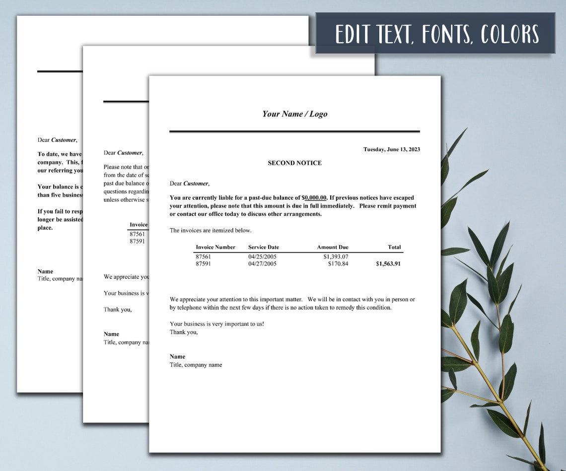 Collection Letter Templates: Past Due Account Notice (editable Word) - Etsy