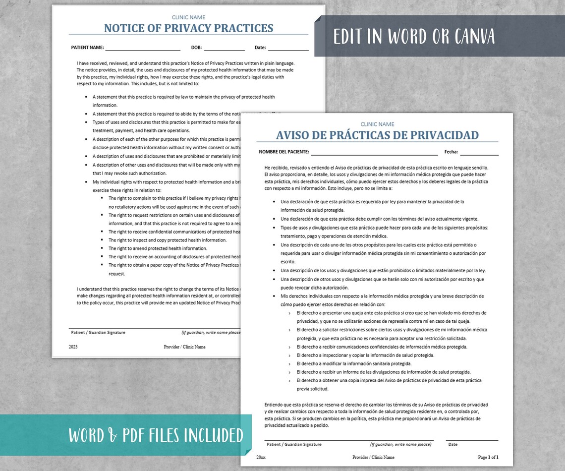 HIPAA Notice of Privacy Practices Template: English, Spanish (PDF, Word ...