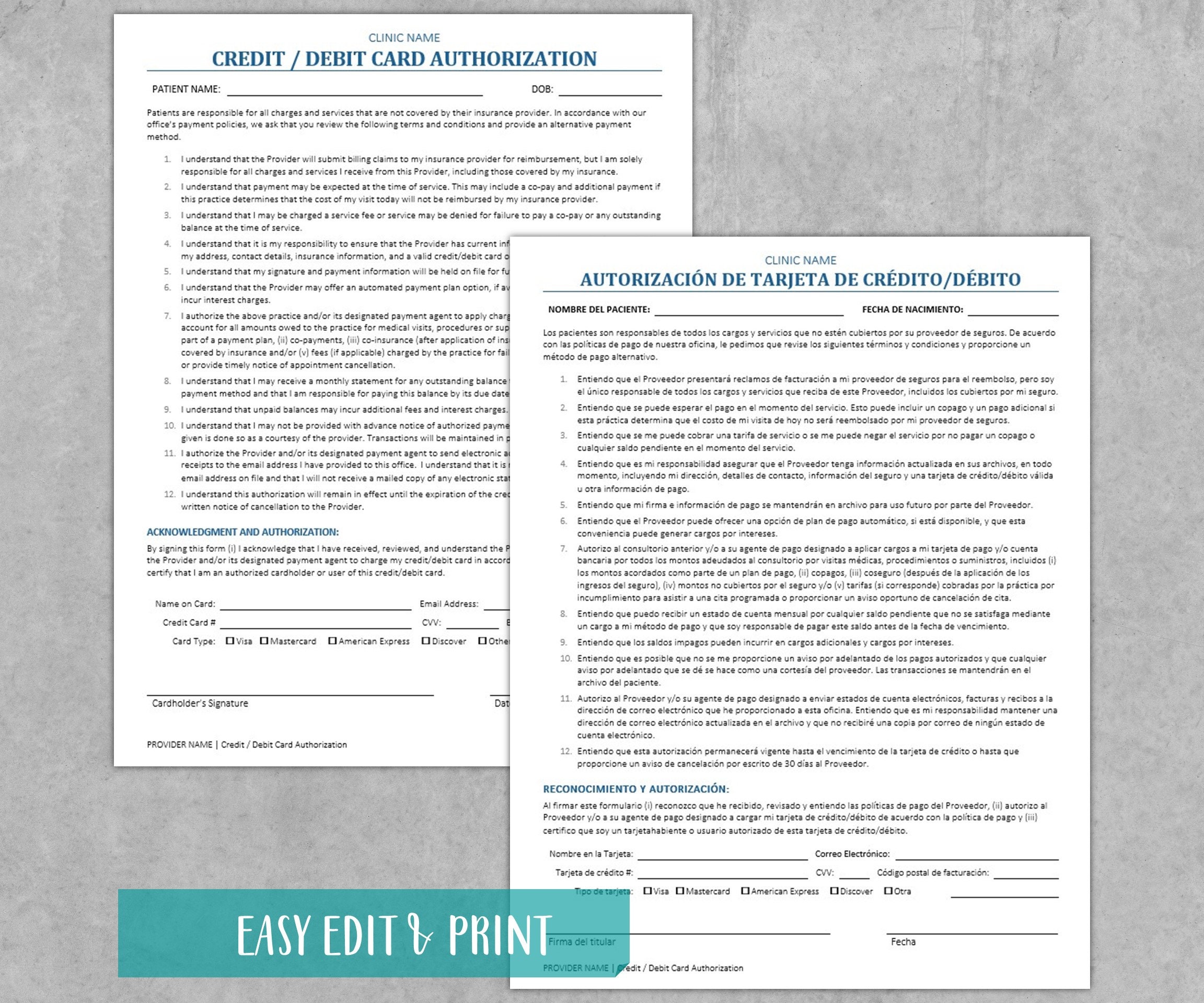 Payment Authorization Form | English, Spanish | Billing Policy ...