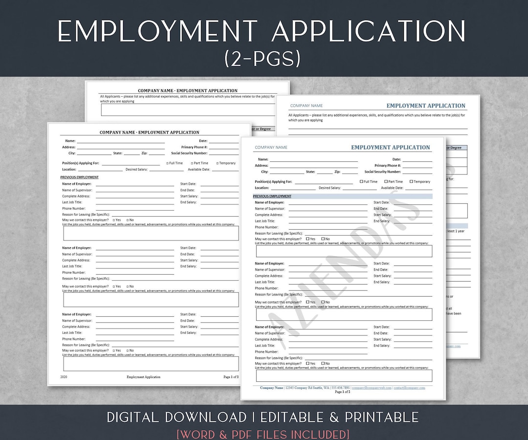 Employment Application Template | 2-page Layout | Job Application ...