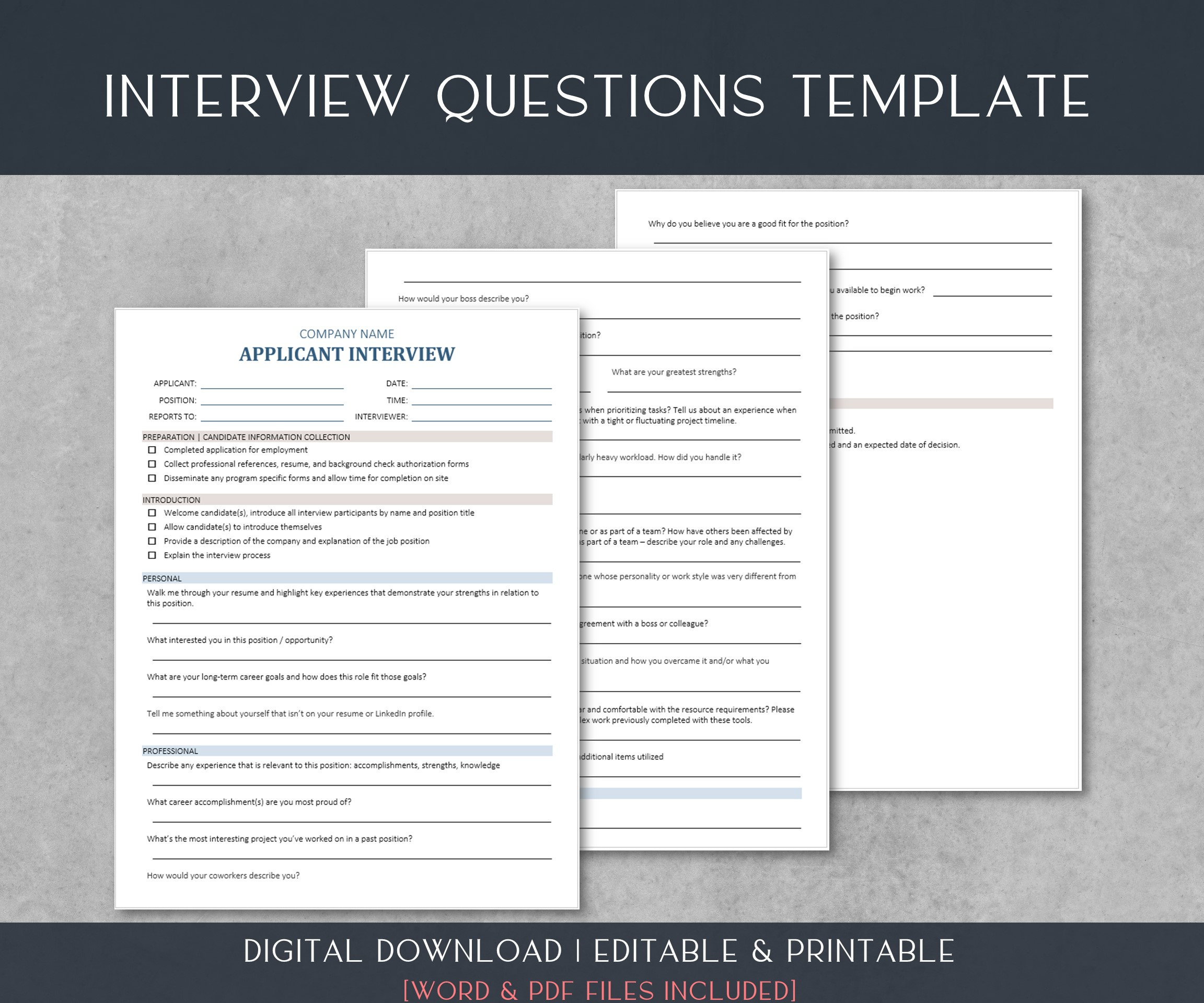 Applicant Interview Questions Template: Editable HR Planner (digital ...