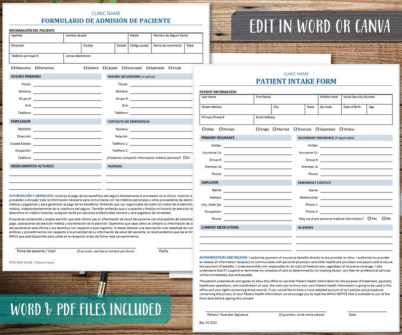 Dental Patient Intake Templates Bundle -english & Spanish | Medical ...