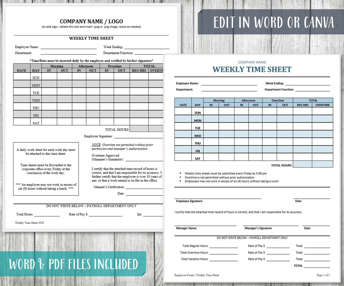 Employee Weekly Time Sheet Bundle: Editable HR Forms (digital Download ...