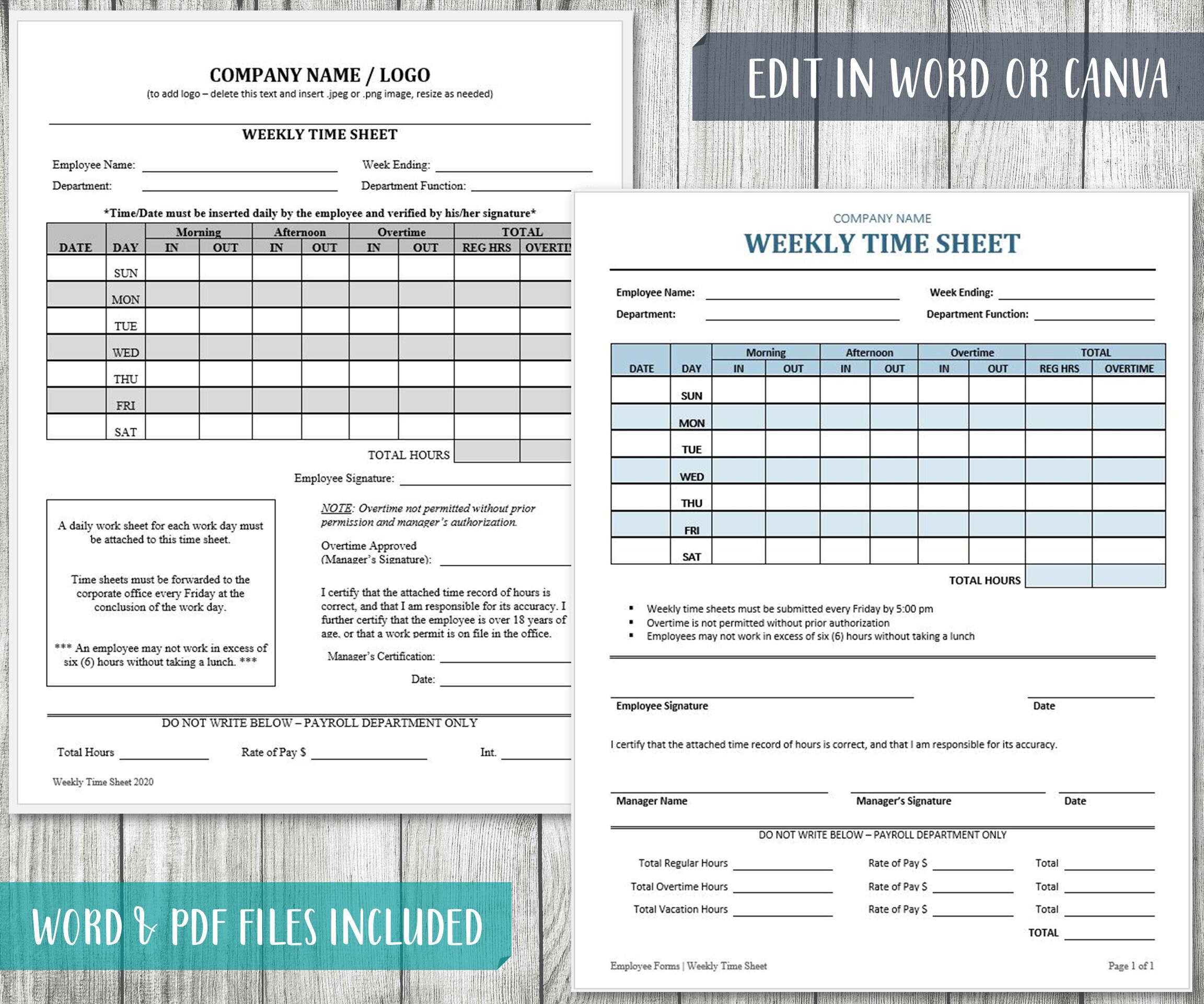 Employee Weekly Time Sheet Bundle: Editable HR Forms (digital Download ...