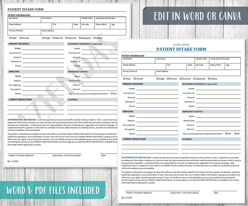 Medical Intake Forms Template: Patient History, HIPAA (editable Word ...
