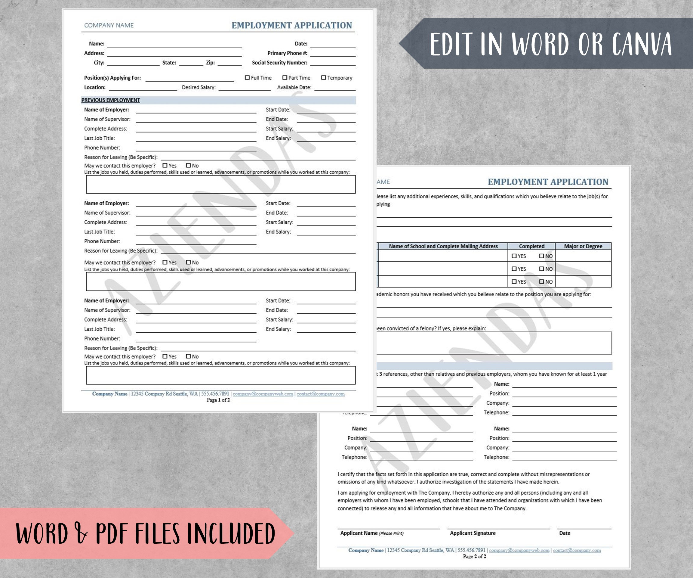 Employment Application Template | 2-page Layout | Job Application ...