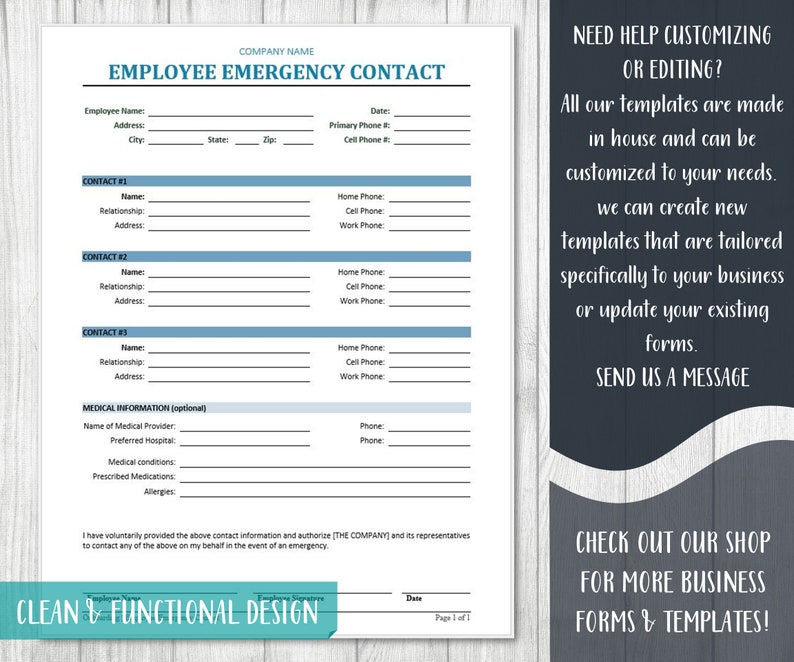 Employee Emergency Contact Form: HR Template (printable Editable Word ...