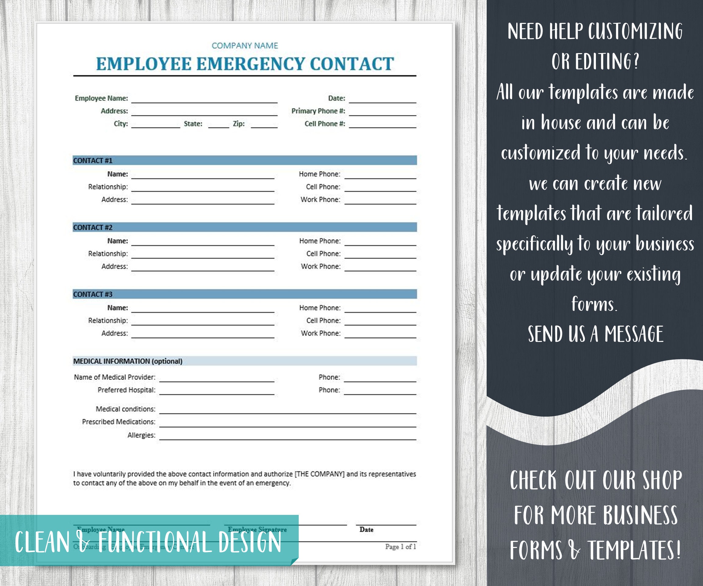 Employee Emergency Contact Form: HR Template (printable Editable Word ...