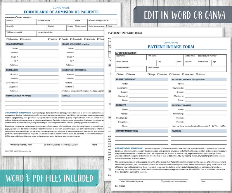 Medical Intake & Patient Information Template Bundle English - Etsy