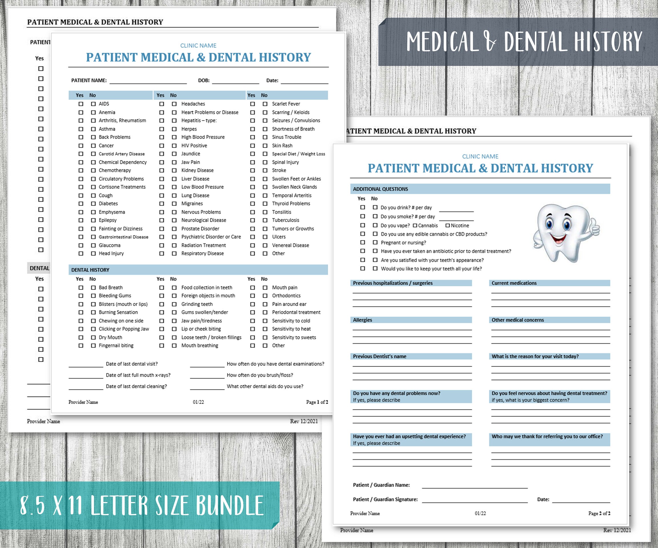 Dental Medical Intake & Patient Information Template | Health History ...