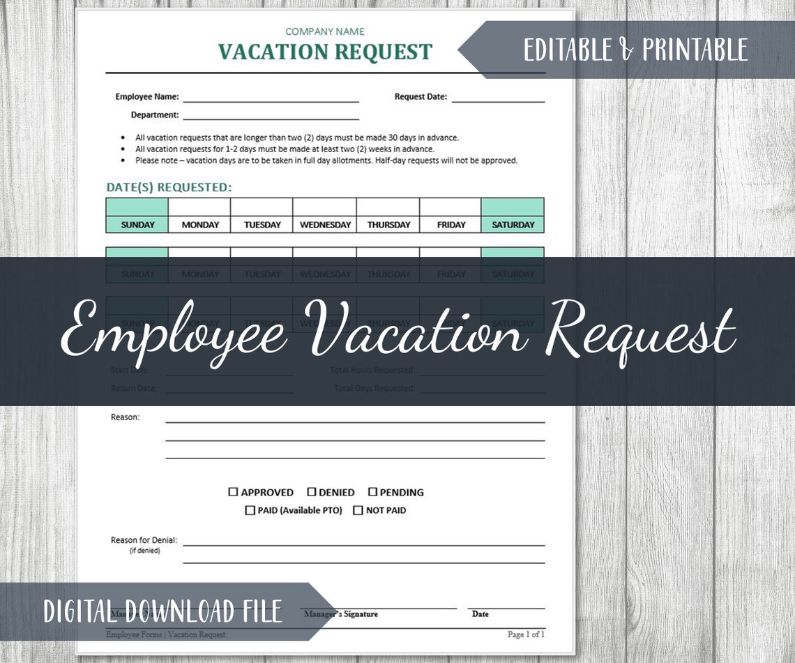 Employee Vacation Request Template Human Resources Employee Time off ...
