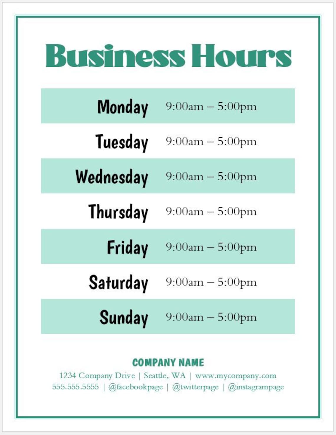 Business Hours Sign Printable Template Hours of Operation | Etsy