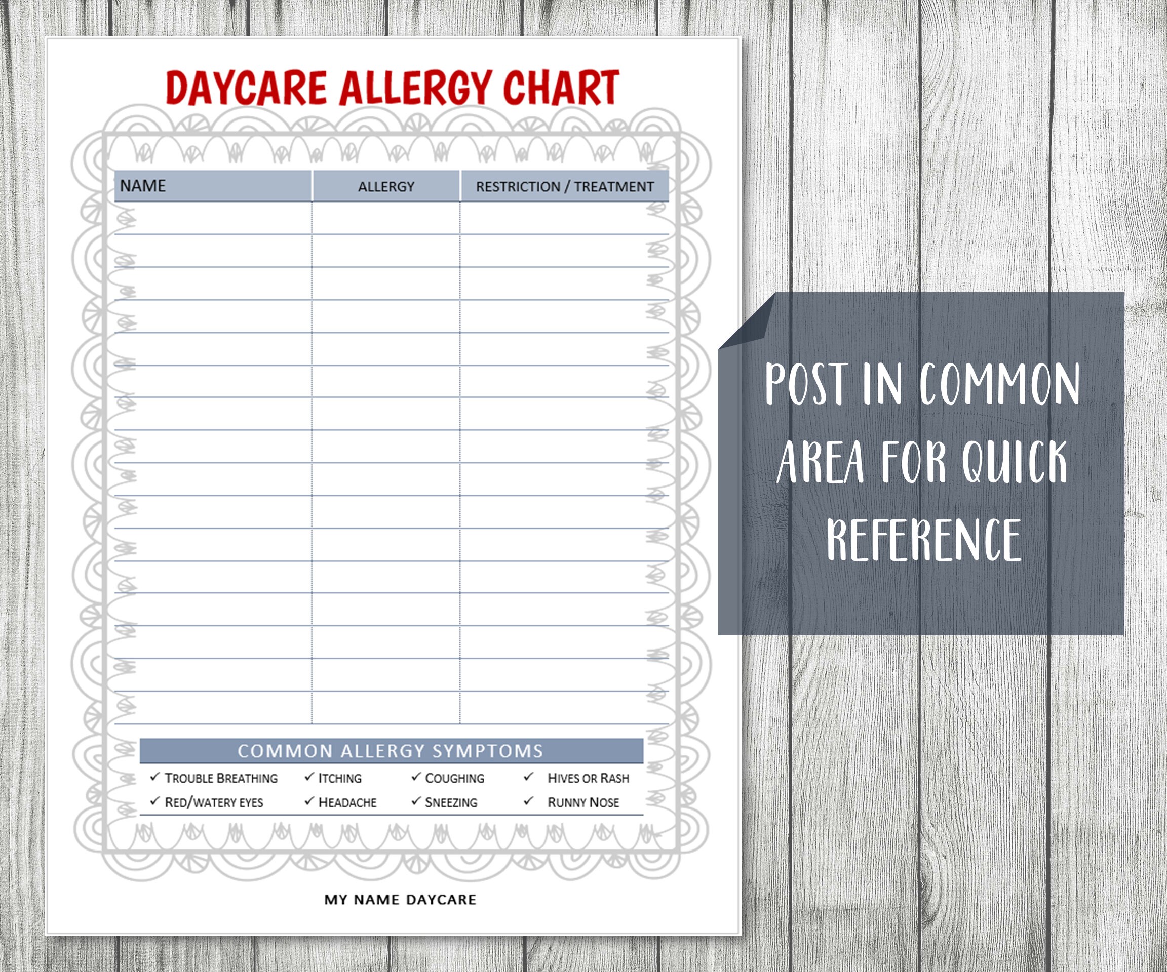 Daycare Allergy List Bulletin Printable Template Childcare Template for ...