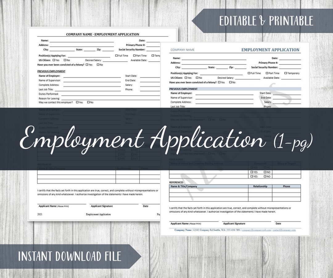Employment Application Template | 1-page Layout | Job Application ...